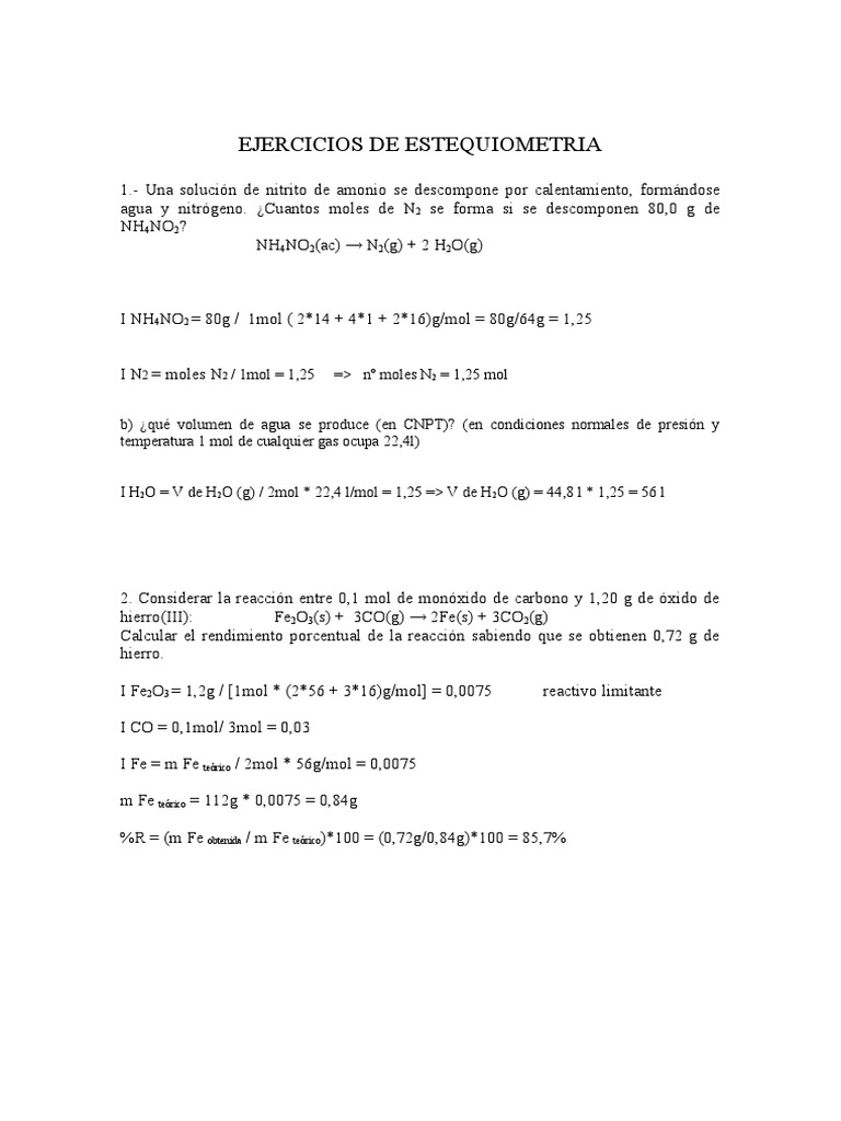 Serie de Ejercicios Sobre Estequiometría (Resueltos) | PDF