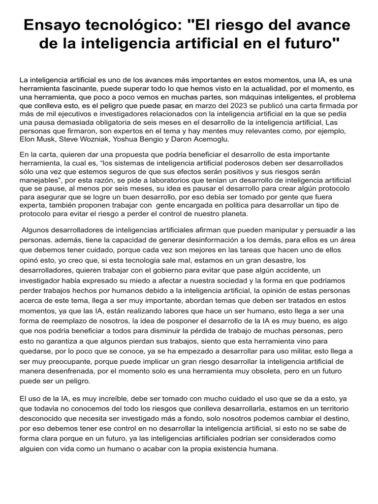 Ensayo Tecnológico El Riesgo Del Acance de La Inteligencia Artificial en El Futuro | PDF ...