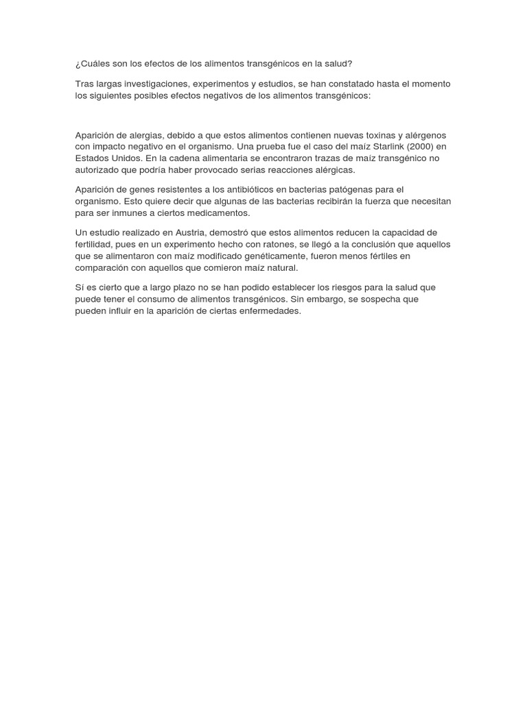 Riesgos de Alimentos Transgenicos | PDF | Salud y bienestar