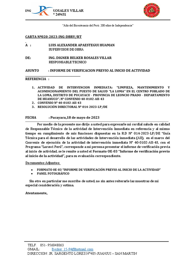 Carta Nº020-2023-Ing-Dbrvrt (Requisitos Previos) | PDF