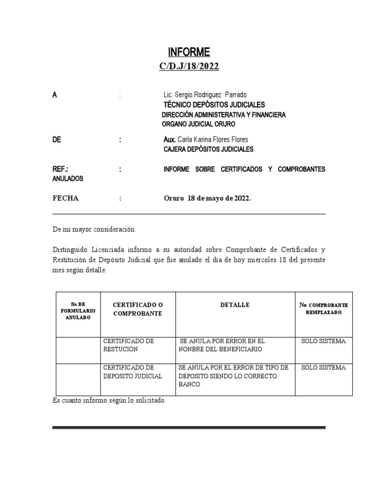Informe sobre Anulación de Certificados | PDF | Finanzas y dinero ...