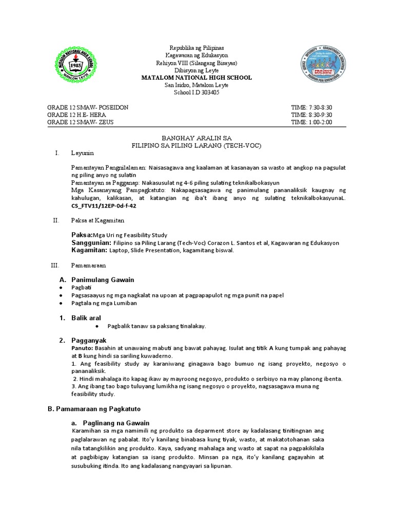 lesson plan filipino sa piling larang- feseability study- Copy - Copy | PDF