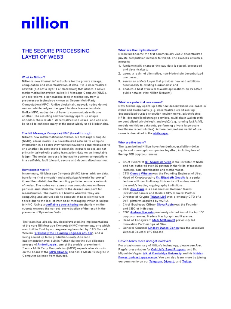 Nillion: Decentralized Private Computation Network | PDF