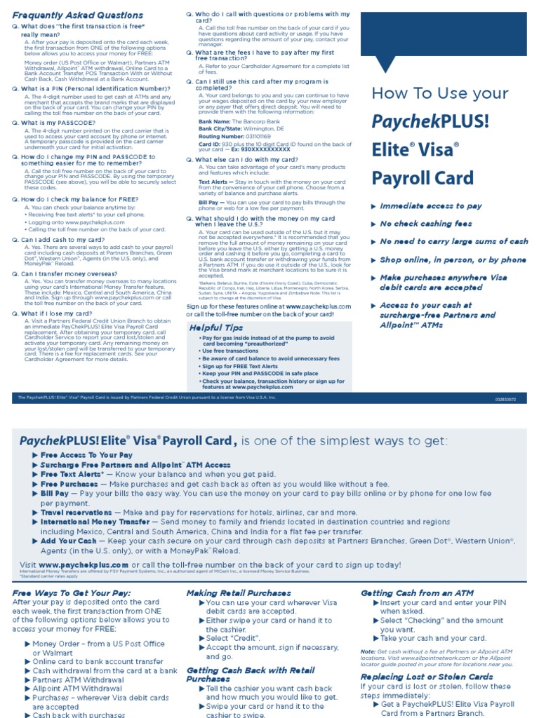 Paychekplus Elite Visa Payroll Card | PDF | Visa Inc. | Debit Card