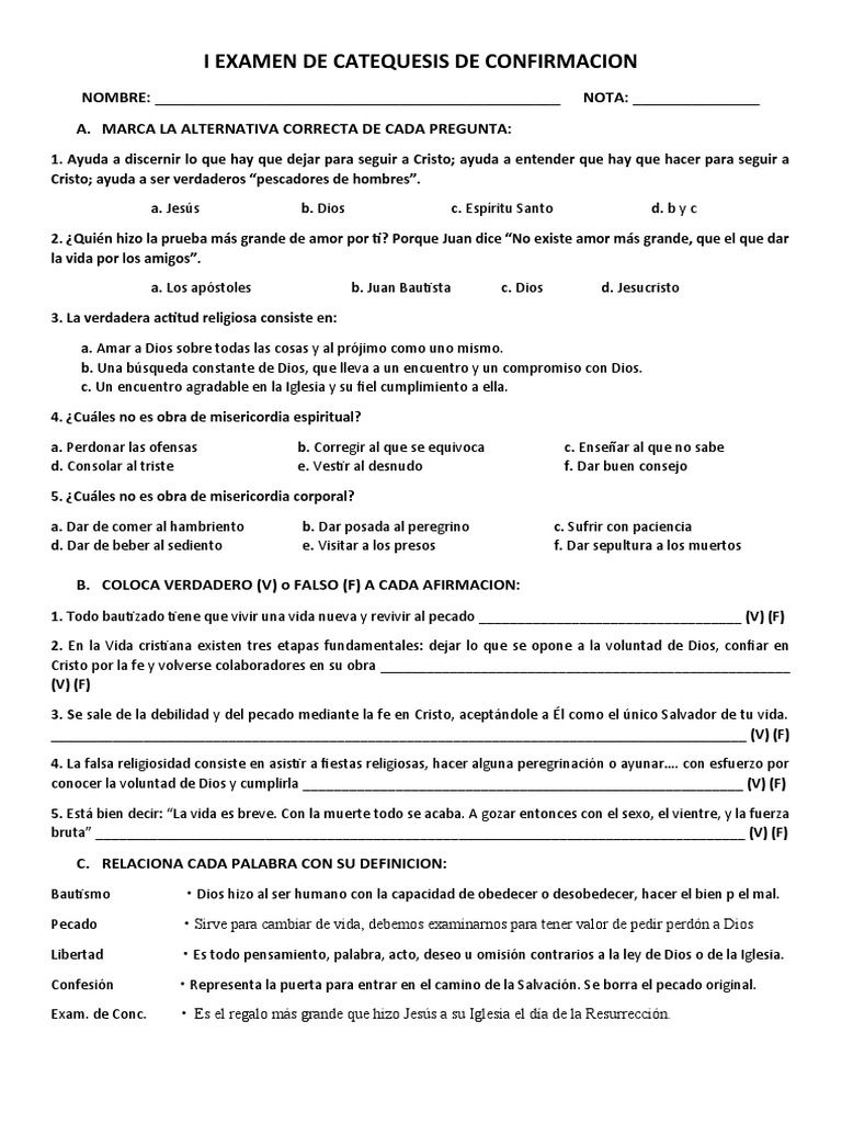 I Examen De Catequesis De Confirmacion Pdf Pecado Jesús