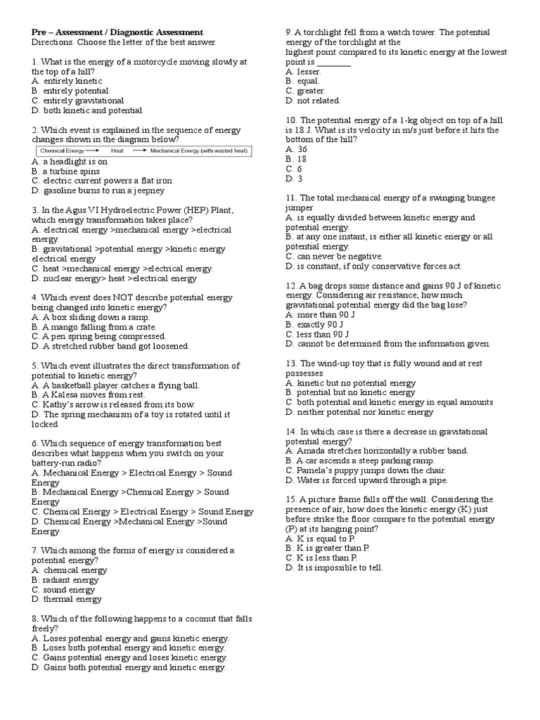 Pre - Assessment Work, Power and Energy | PDF | Potential Energy ...