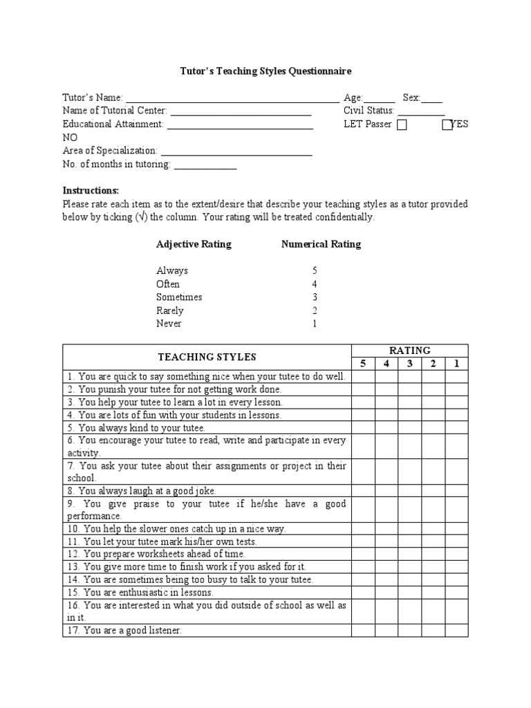 QUESTIONNAIRE | PDF | Learning | Behavior Modification