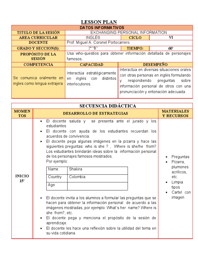 Lesson Plan Personal Information 2023 | PDF | Modificación de ...