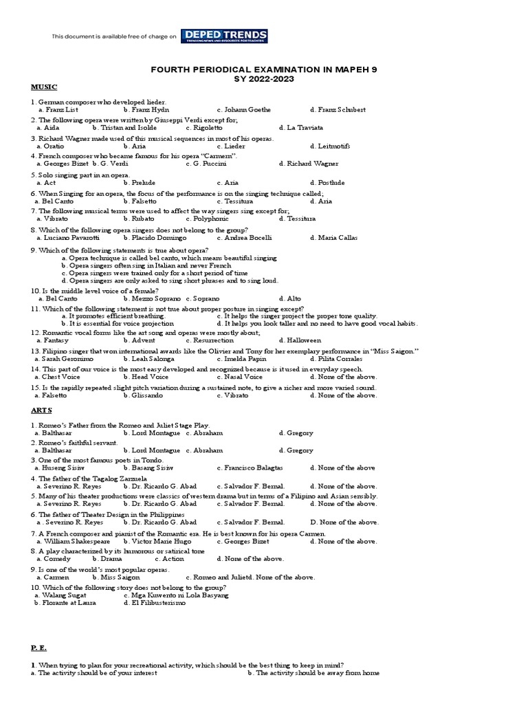 4Q Mapeh 9 PT | PDF | Opera | Bullying