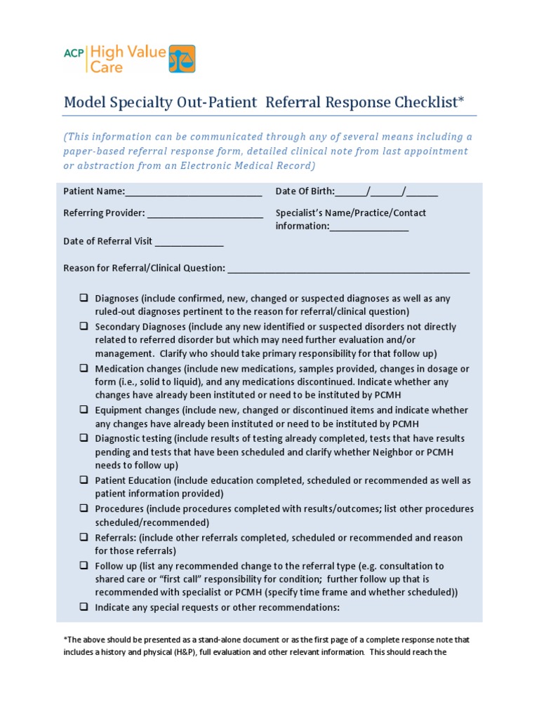 Outpatient Referral Response Checklist | PDF | Medical Diagnosis | Patient
