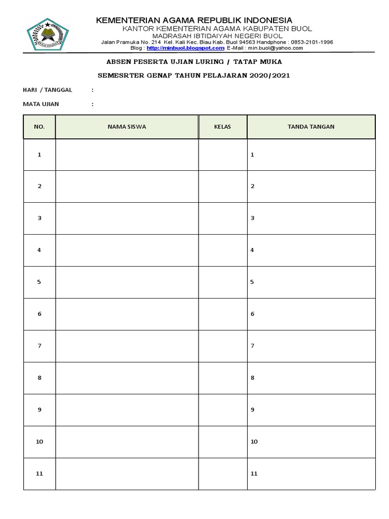 Absen Ujian Luring Madrasah Buol 2021 | PDF