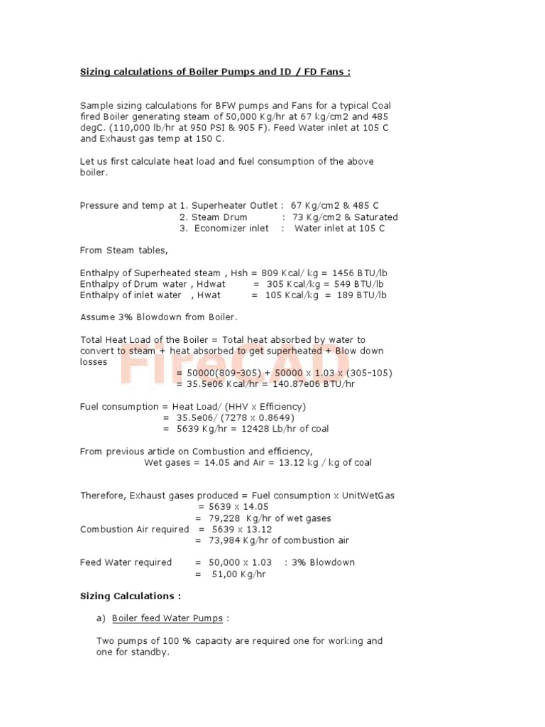 Boiler Fan and Pump Sizing Calculations | PDF | Boiler | Steam