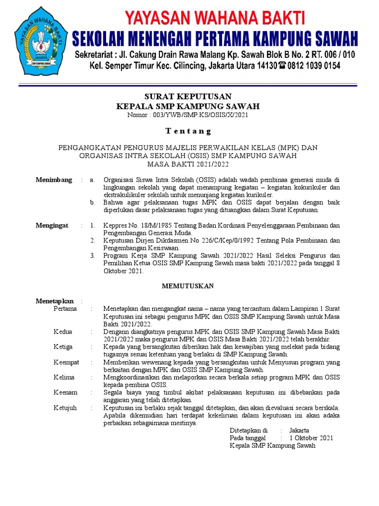 SK KS SMP Pelantikan OSIS | PDF