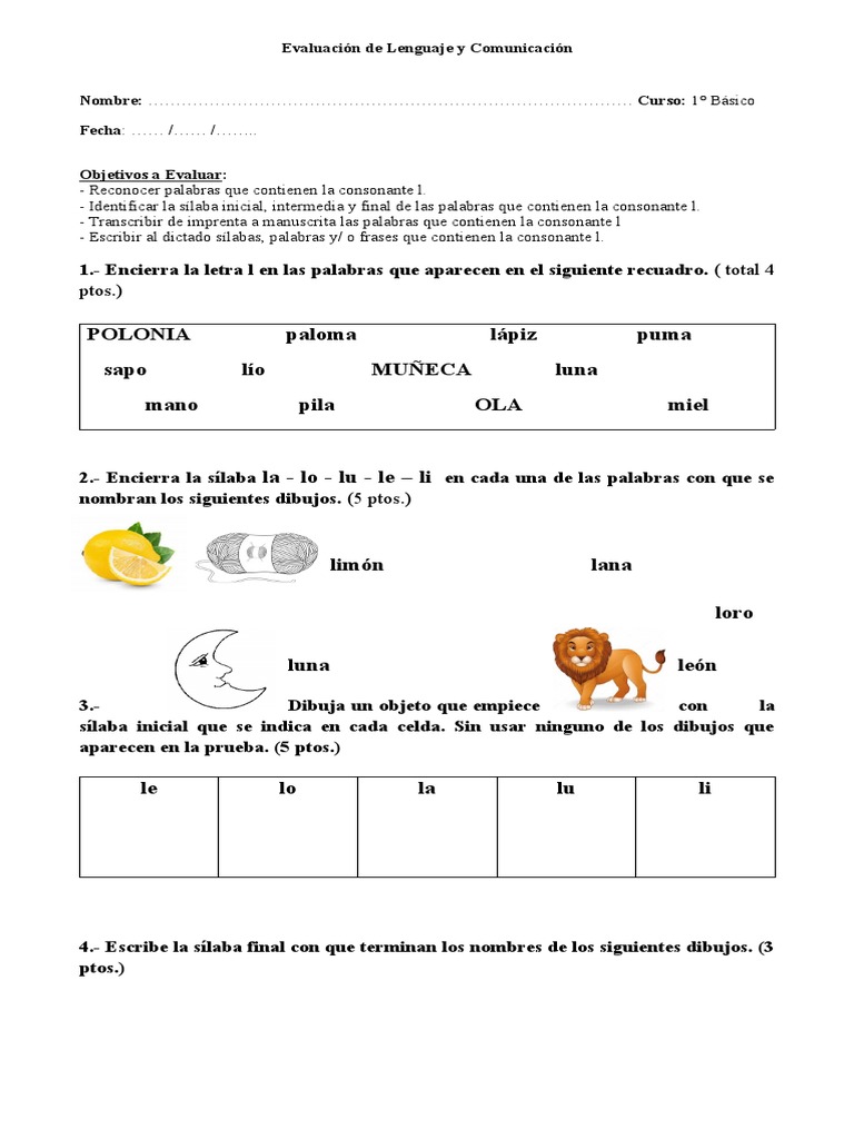 Evaluación de la Letra L en 1° Básico | PDF | Lingüística