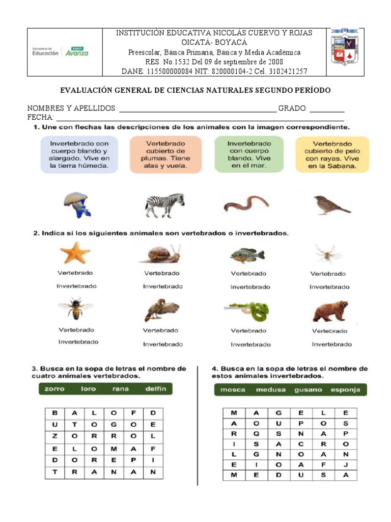 Evaluación General de Ciencias Naturales Grados 4° y 5° Segundo Período ...