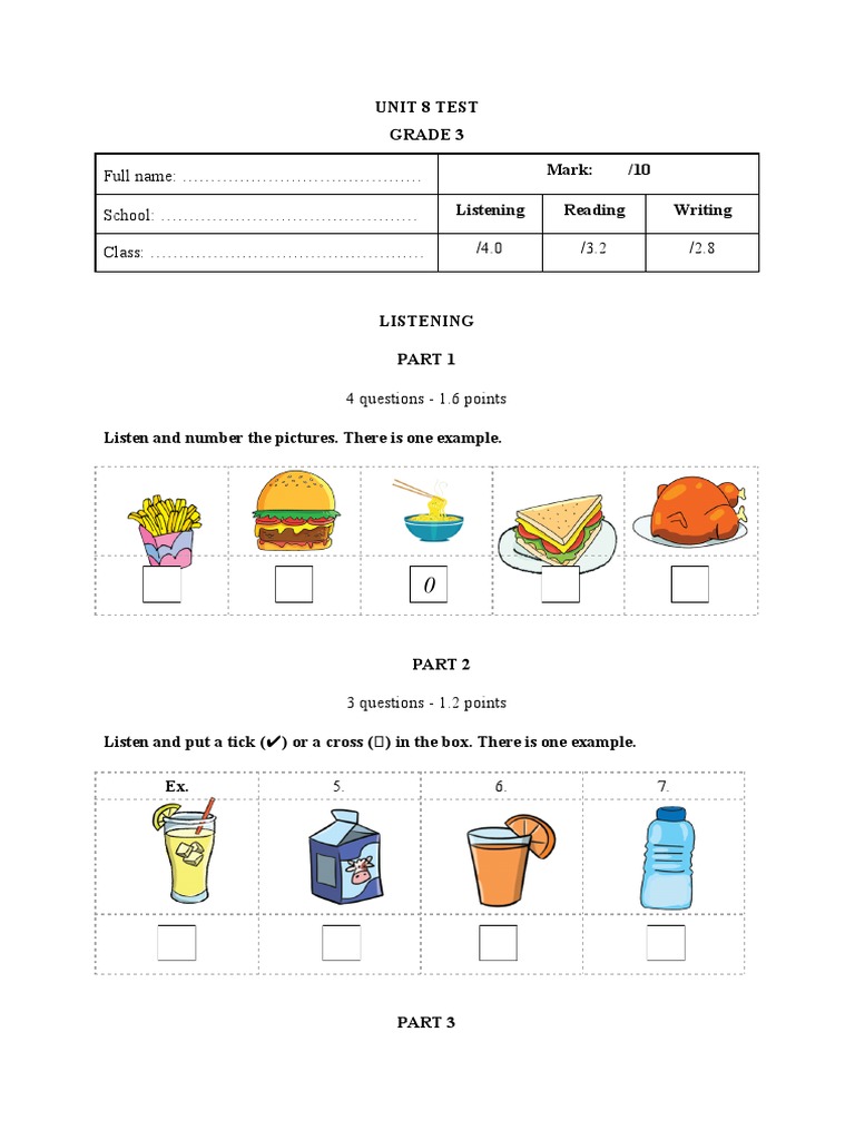 Grade 3 Unit 8 Test: Listening & Reading | PDF