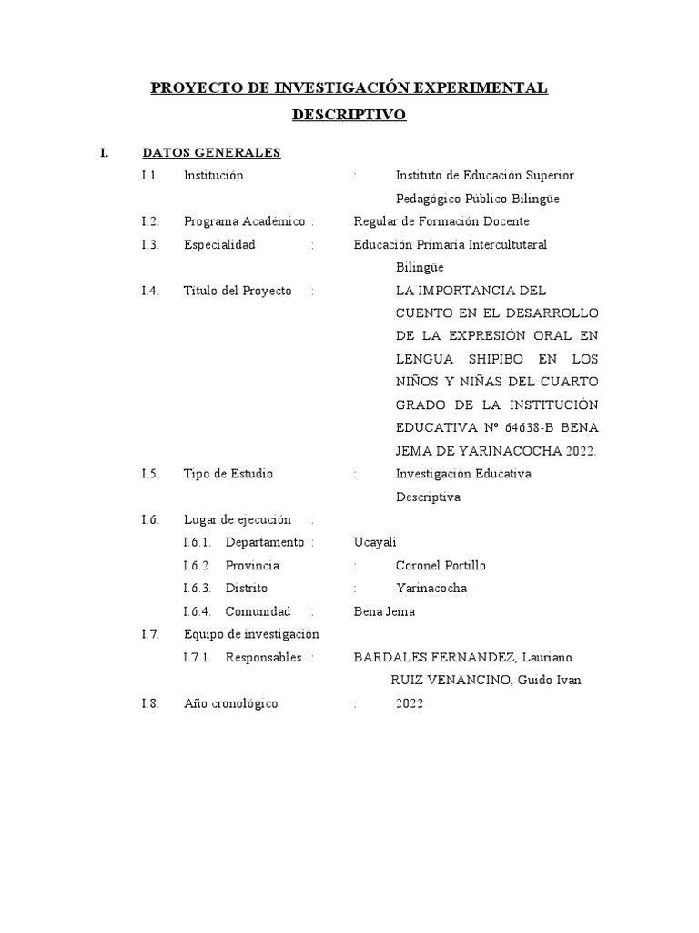 Proyecto de Investigación Experimental Descriptivo Bena Jema | PDF