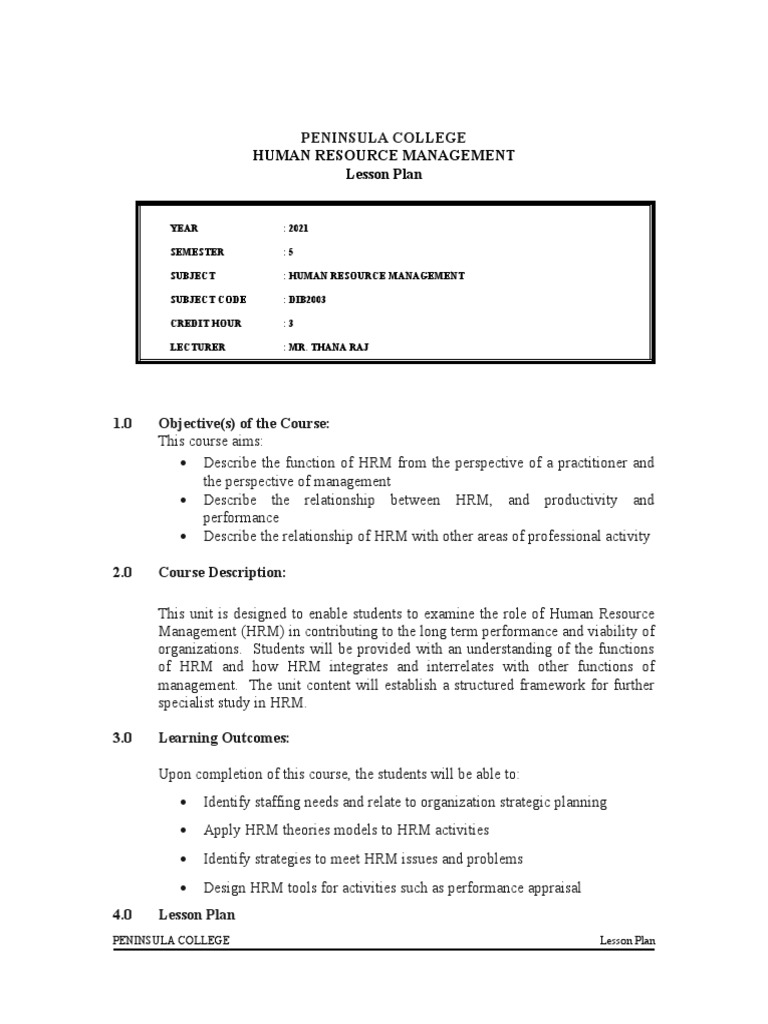 HRM Lesson Plan | PDF | Human Resource Management | Lesson Plan