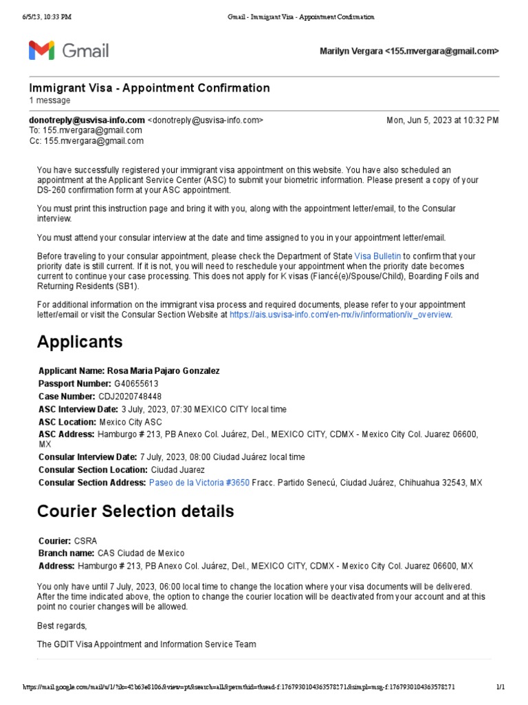 Gmail - Immigrant Visa - Appointment Confirmation | PDF | Travel Visa ...