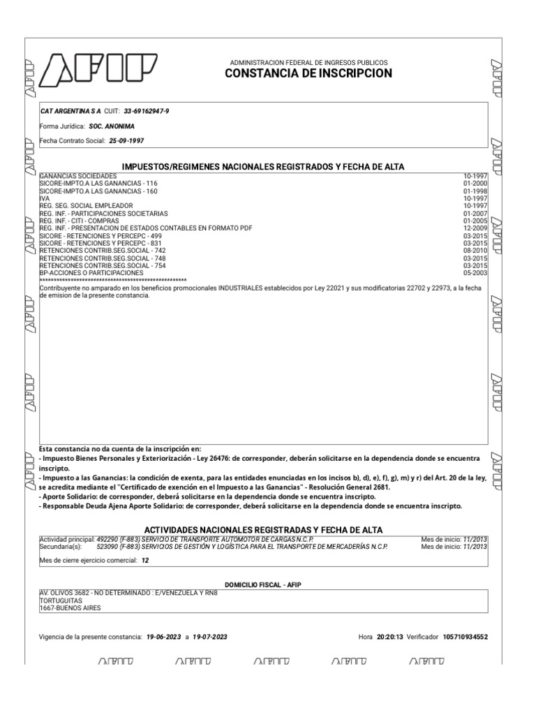 Constancia de Inscripción AFIP 2023 | PDF | Impuesto sobre la renta ...