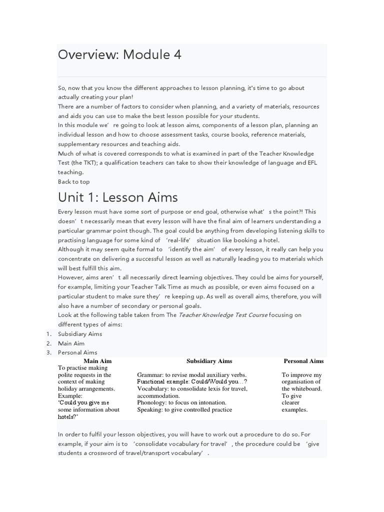 Overview: Module 4: Main Aim Subsidiary Aims Personal Aims | PDF | Educational Assessment ...