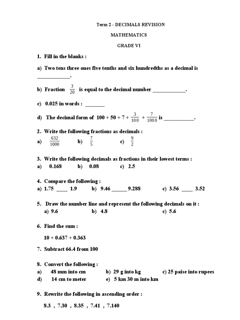 Grade 6 Revision Term 2-Decimals | PDF