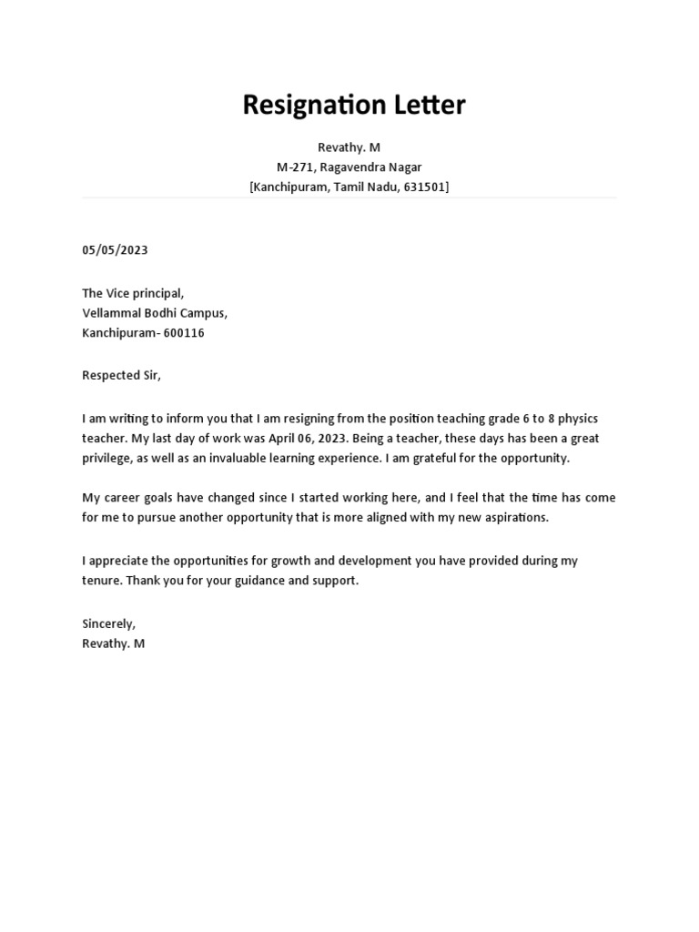 Resignatio Letter - Revathy | PDF