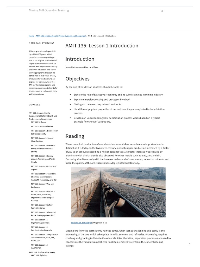 AMIT 135 - Lesson 1 Introduction - Mining Mill Operator Training | PDF