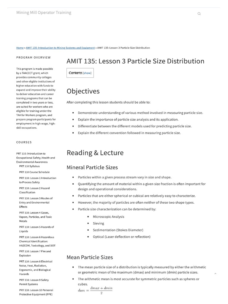 AMIT 135_ Lesson 3 Particle Size Distribution – Mining Mill Operator Training | PDF