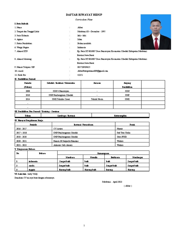 CV Akbar untuk Melamar Pekerjaan | PDF