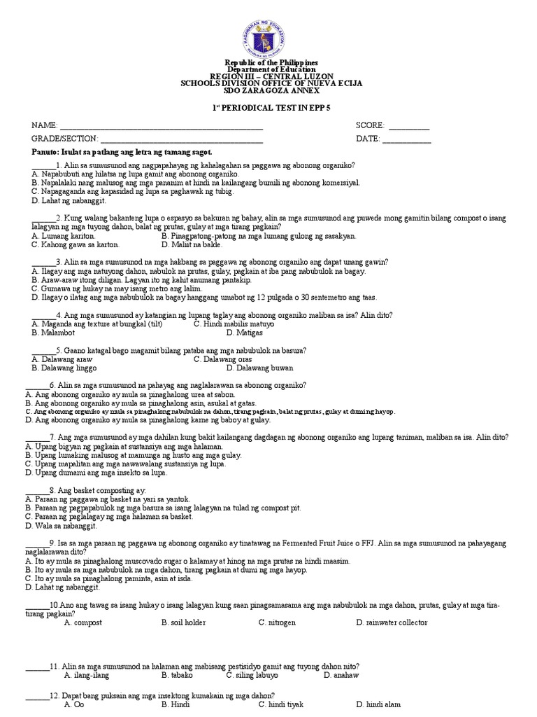 1ST PT in Epp - Grade 5 | PDF