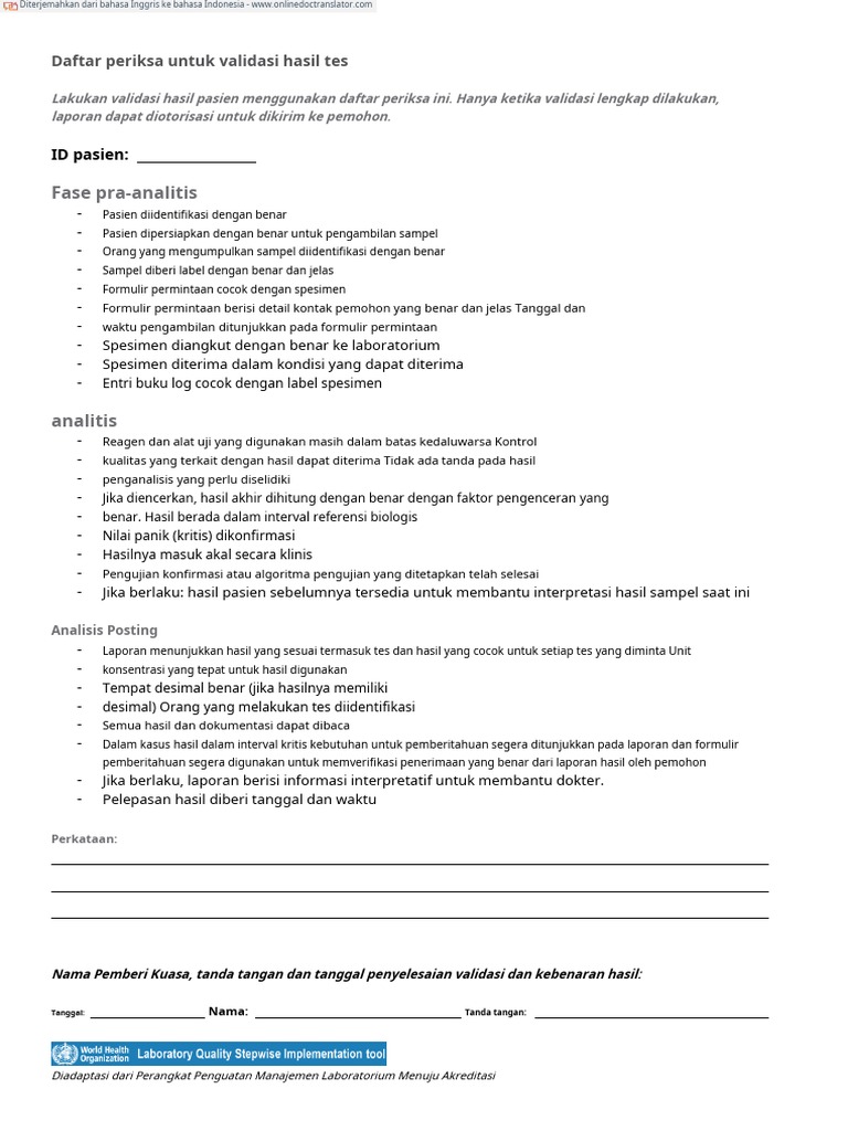 Checklist For Validation Of Test Results En Id Pdf