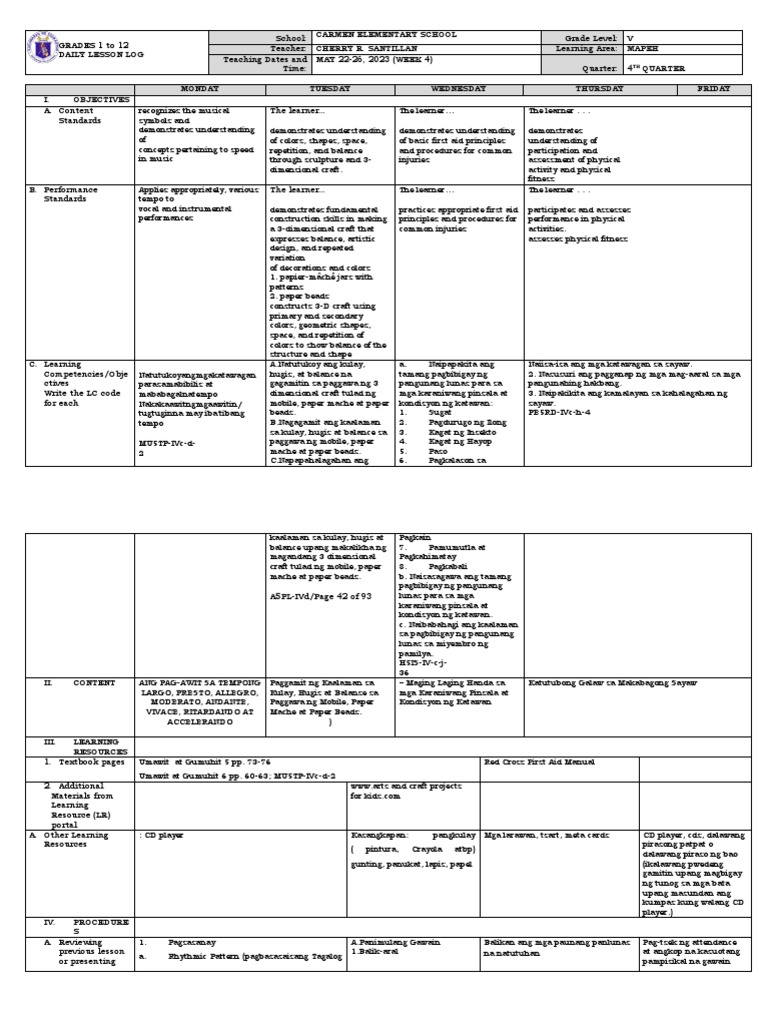 Grade 5 DLL MAPEH 5 Q4 Week 4 | PDF | Tempo | Learning