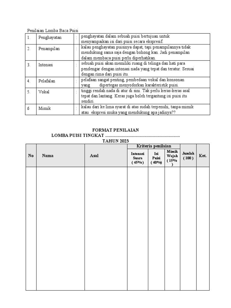 Format Penilaian Lomba Baca Puisi | PDF