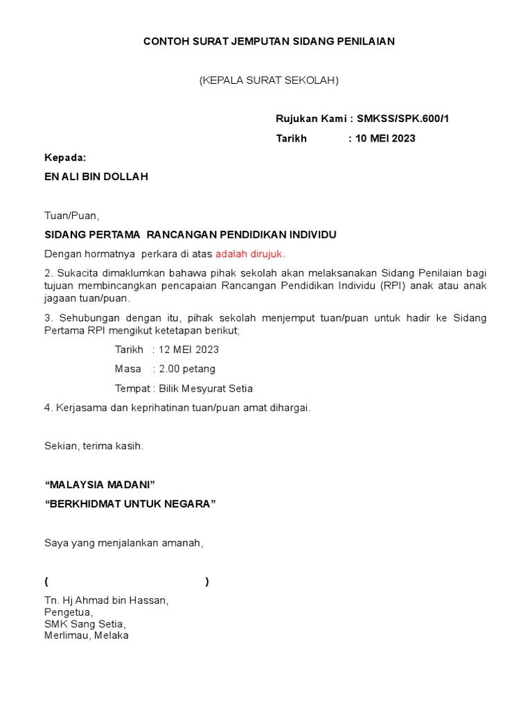 Semak Contoh Surat Jemput Sidang Pertama | PDF