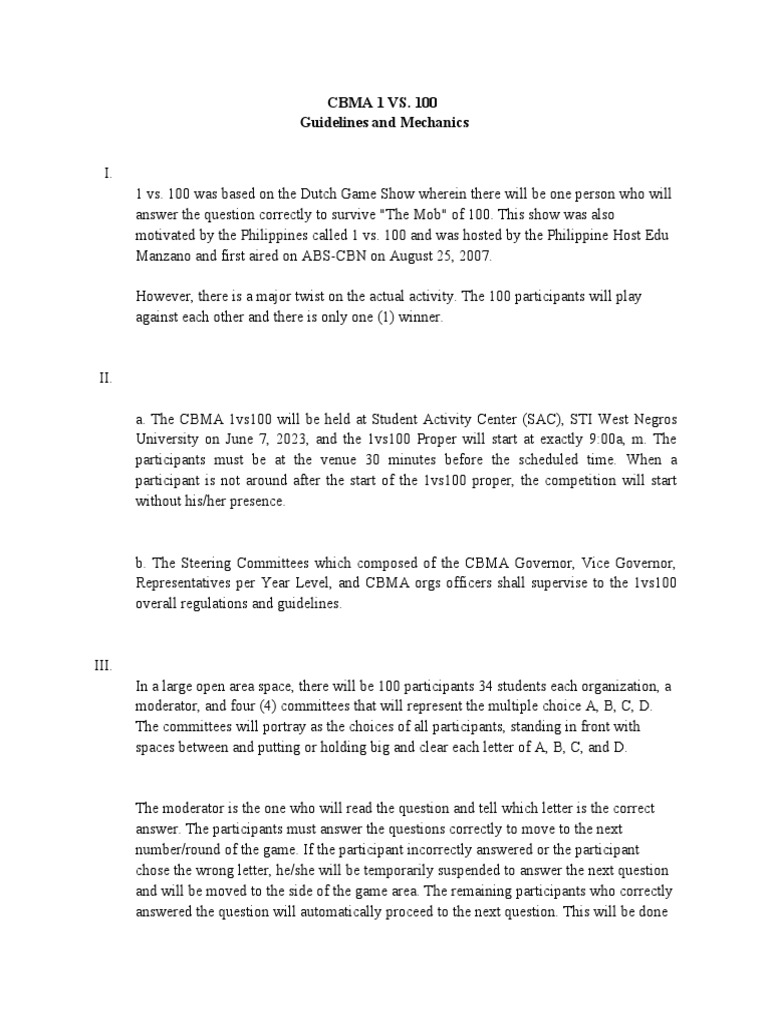 CBMA 1 VS 100 Guidelines and Mechanics Final Nagd | PDF