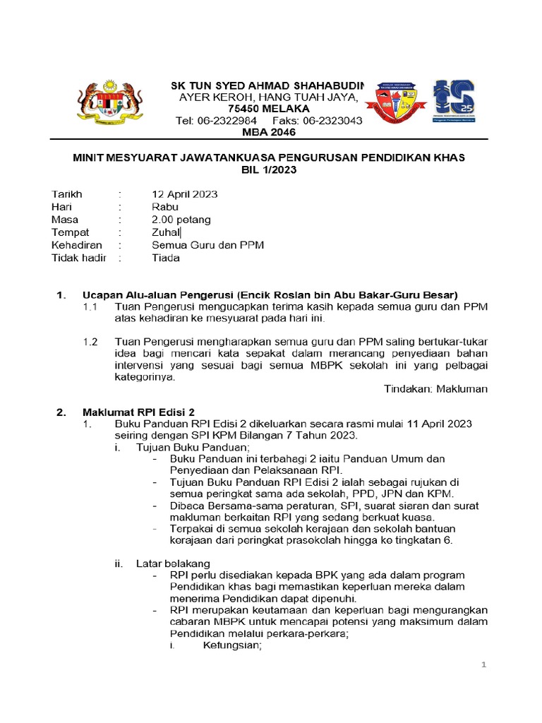 contoh minit mesyuarat rpi | PDF