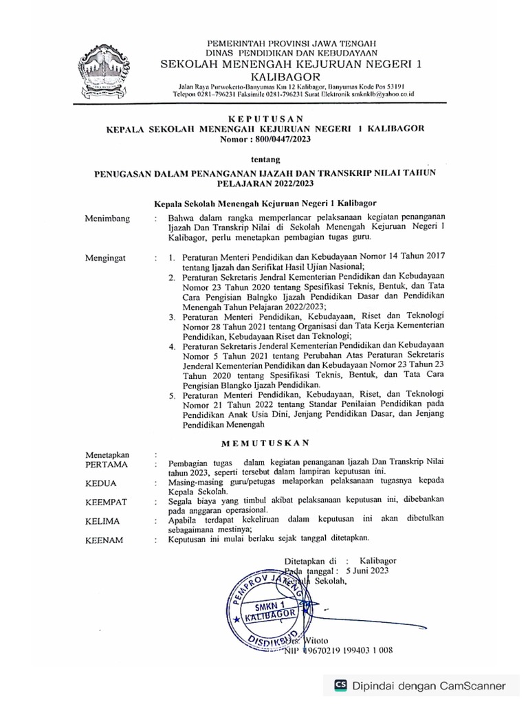 SK Penugasan Dalam Penanganan Ijazah&transkrip Nilai 2022-2023 | PDF