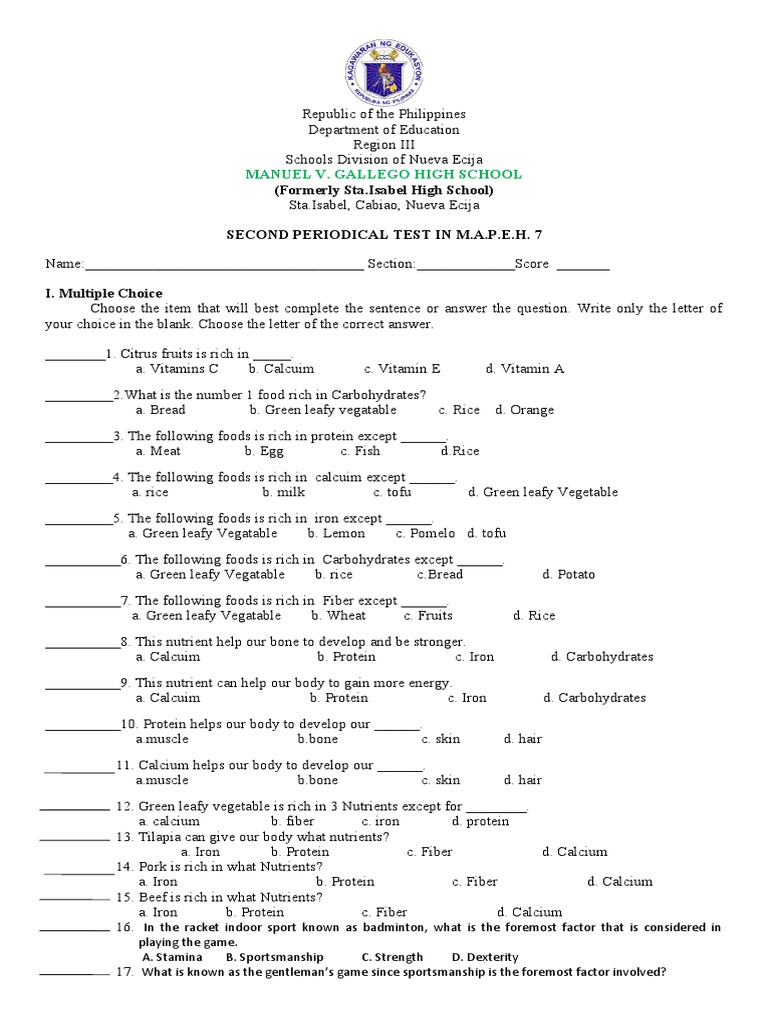 2nd Periodical Test in MAPEH 7 | PDF | Foods | Vegetables