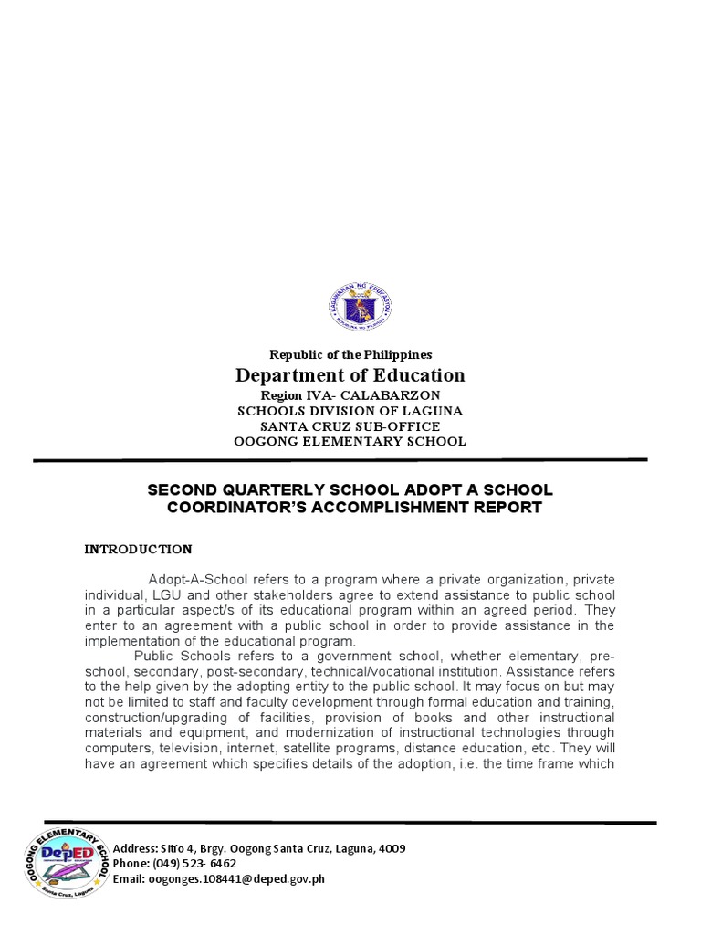 ACCOMPLISHMENT-REPORT-SECOND-QUARTER-2023-IN-adopt A School | PDF