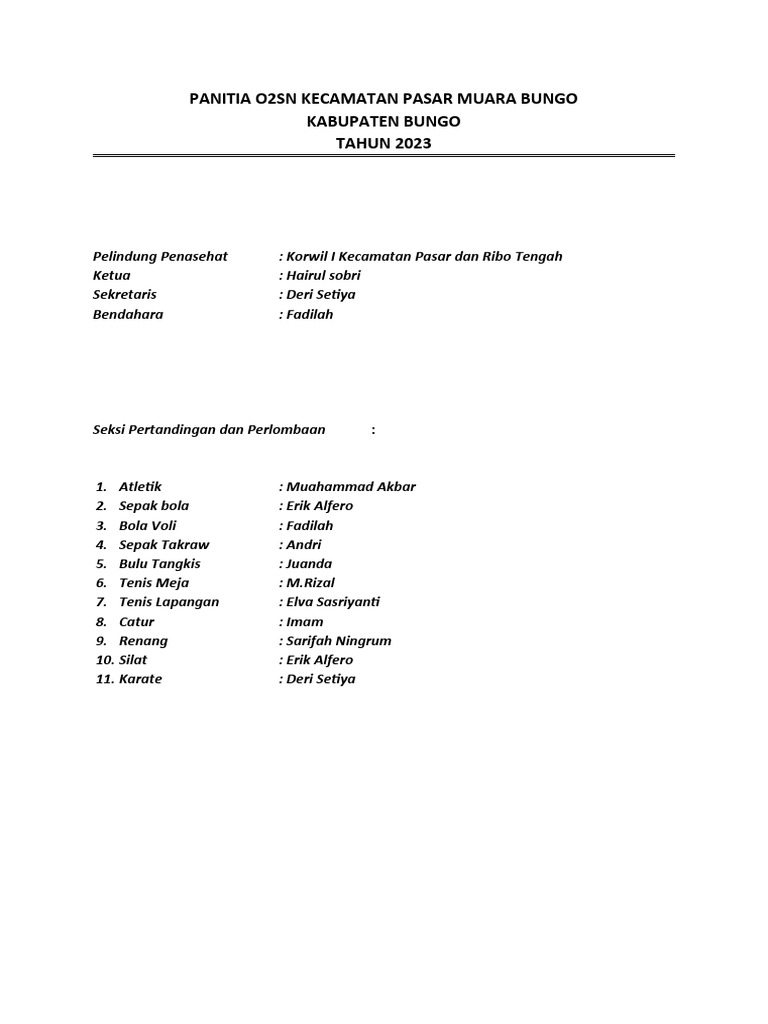 Panitia O2sn Kecamatan Pasar Muara Bungo Tahun 2023 | PDF