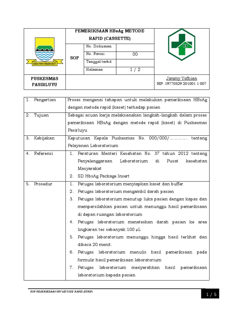 8.1.1.1 SOP PEMERIKSAAN Hbsag METODE RAPID (CASSETTE) | PDF