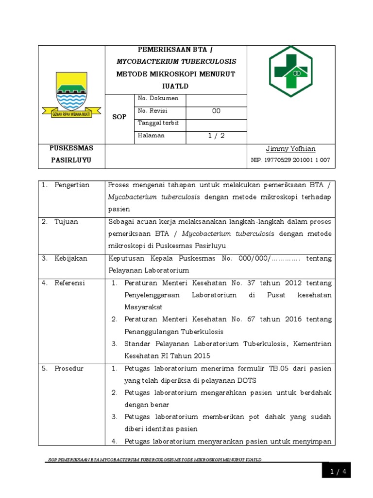 8.1.1.1 SOP PEMERIKSAAN BTA MYCOBACTERIUM TUBERCULOSIS METODE ...