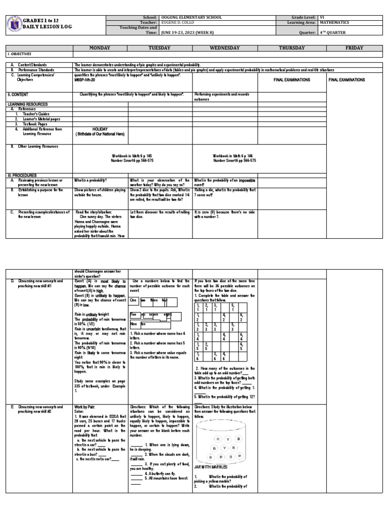 DLL - Mathematics 6 - Q4 Week 8 | PDF | Probability | Learning