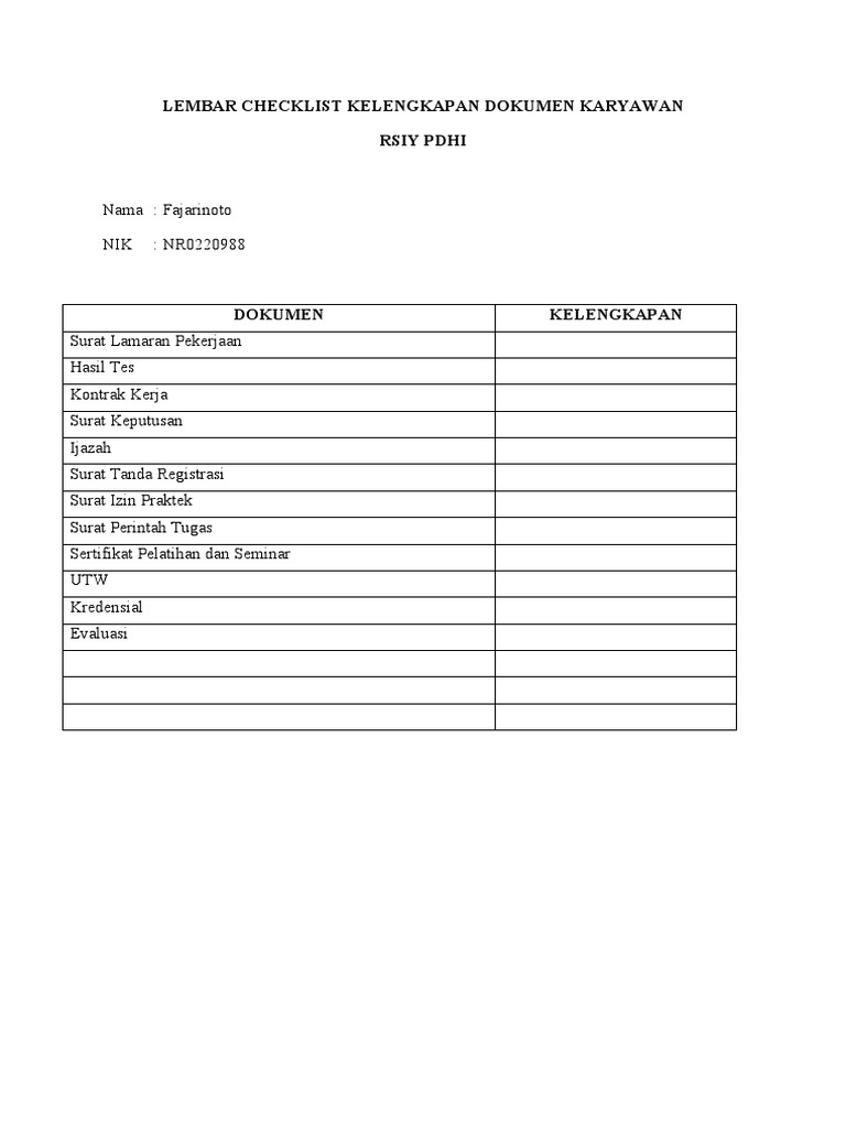 Lembar Checklist Kelengkapan Dokumen Karyawan | PDF