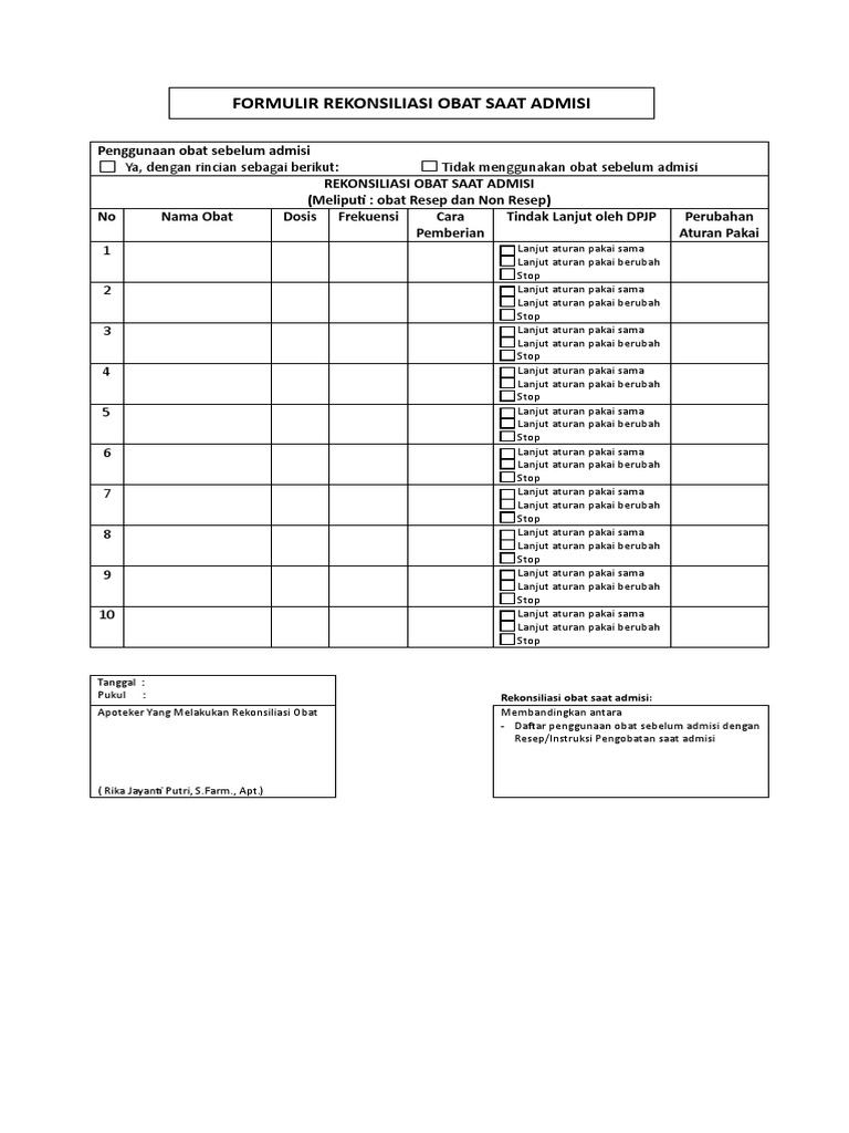 Form Rekonsiliasi Obat Saat Admisi | PDF