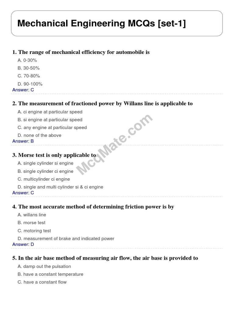 MECH Mechanical Engineering Solved MCQs [set-1] McqMate.com | PDF | Engines | Combustion