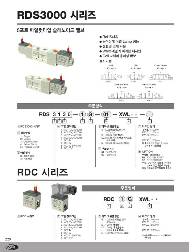 RDS3 30시리즈 (5포트파일럿타입솔레노이드밸브) 직접배관형 190909 (품번원위치) | PDF