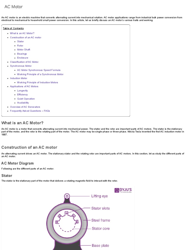 AC Motor - Definition, Working, AC Motor Parts, Applications | PDF ...
