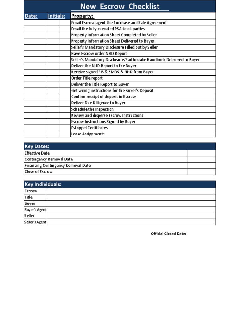 New Escrow Checklist | PDF